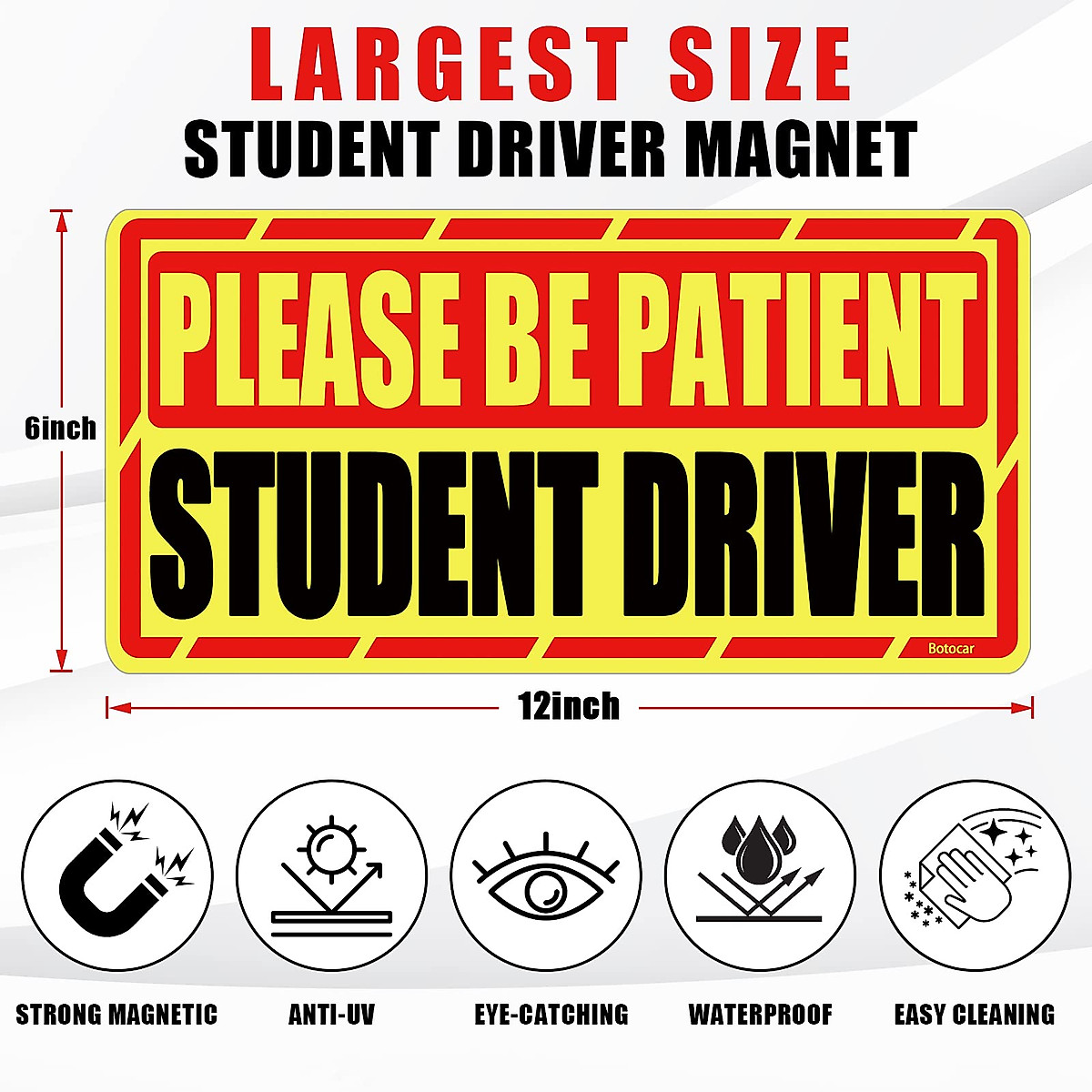 Botocar Student Driver Car Magnet, 2 Pack Super Large Please Be Patient Student Driver Signs for Car, Reflective New Driver Vehicle Bumper Magnetic Sticker, Novice Driver Safety Warning Sign, 12×6in