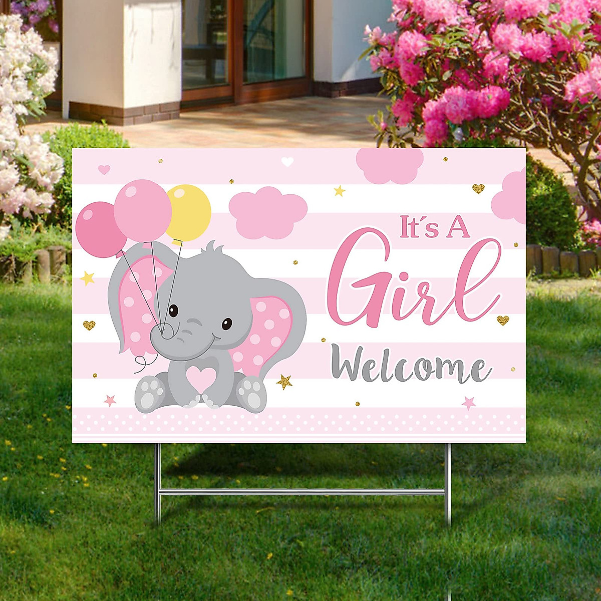 Baby Shower Yard Sign with Stake Gender Reveal Yard Sign Blue Pink Elephant Lawn Sign Baby Bear Lawn Sign Welcome Baby Announcement Sign for Boy Girl Outdoor Baby Shower Party Decorations(It's Girl)