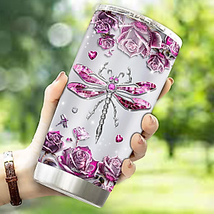 WONWIX Personalized Dragonfly Coffee Mug Cups Gifts For Women Unique Mom, Purple Dragonflies Water Bottle Mothers Day Birthday Christmas Valentine 20oz Stainless Steel Thermos Tumbler Cup With Lid