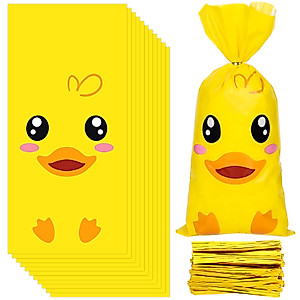 JarThenaAMCS 100Pcs Yellow Duck Cellophane Treat Bags with Twist Ties Cute Cartoon Duck Plastic Candy Goodie Bags for Summer Birthday Baby Shower Party Favors