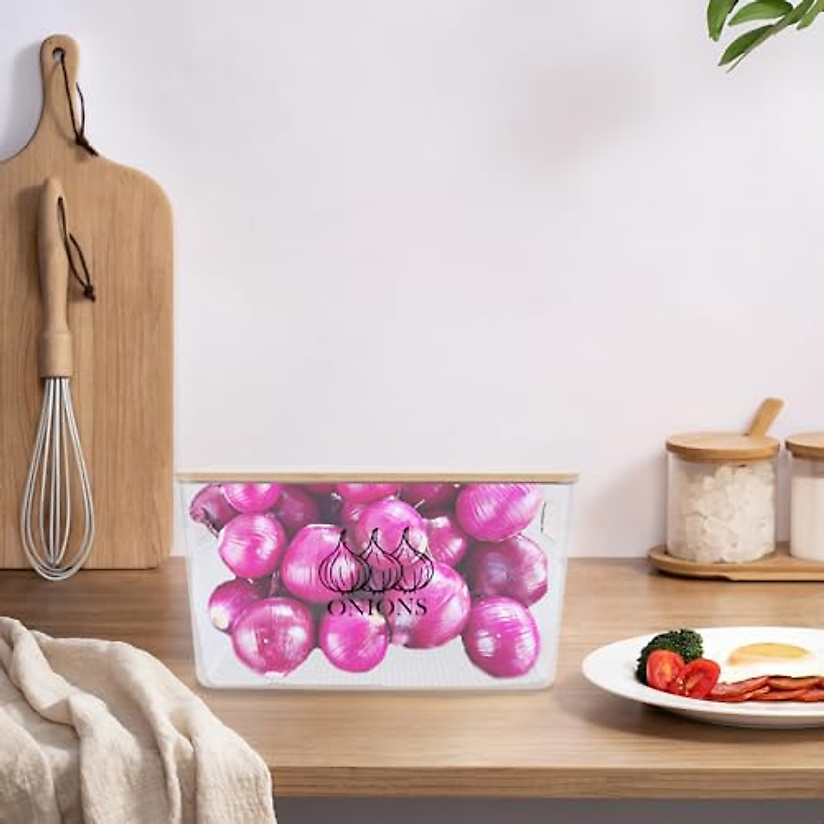 Xbopetda Onion Storage, Onion Keeper with Bamboo Lid, Transparent Acrylic Onion Storage Bin, Pantry Storage and Organization, Potato Onion Garlic Organizer Container for Kitchen Countertop - Clear