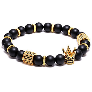 SEVENSTONE 8mm Crown King Charm Bracelet for Men Women Black Matte Onyx Stone Beads, 7.5"