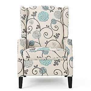 Christopher Knight Home Westeros Traditional Wingback Fabric Recliner Chair (White & Blue Floral) and Ippolito Fabric Pillows, 2-Pcs Set, White and Blue Floral
