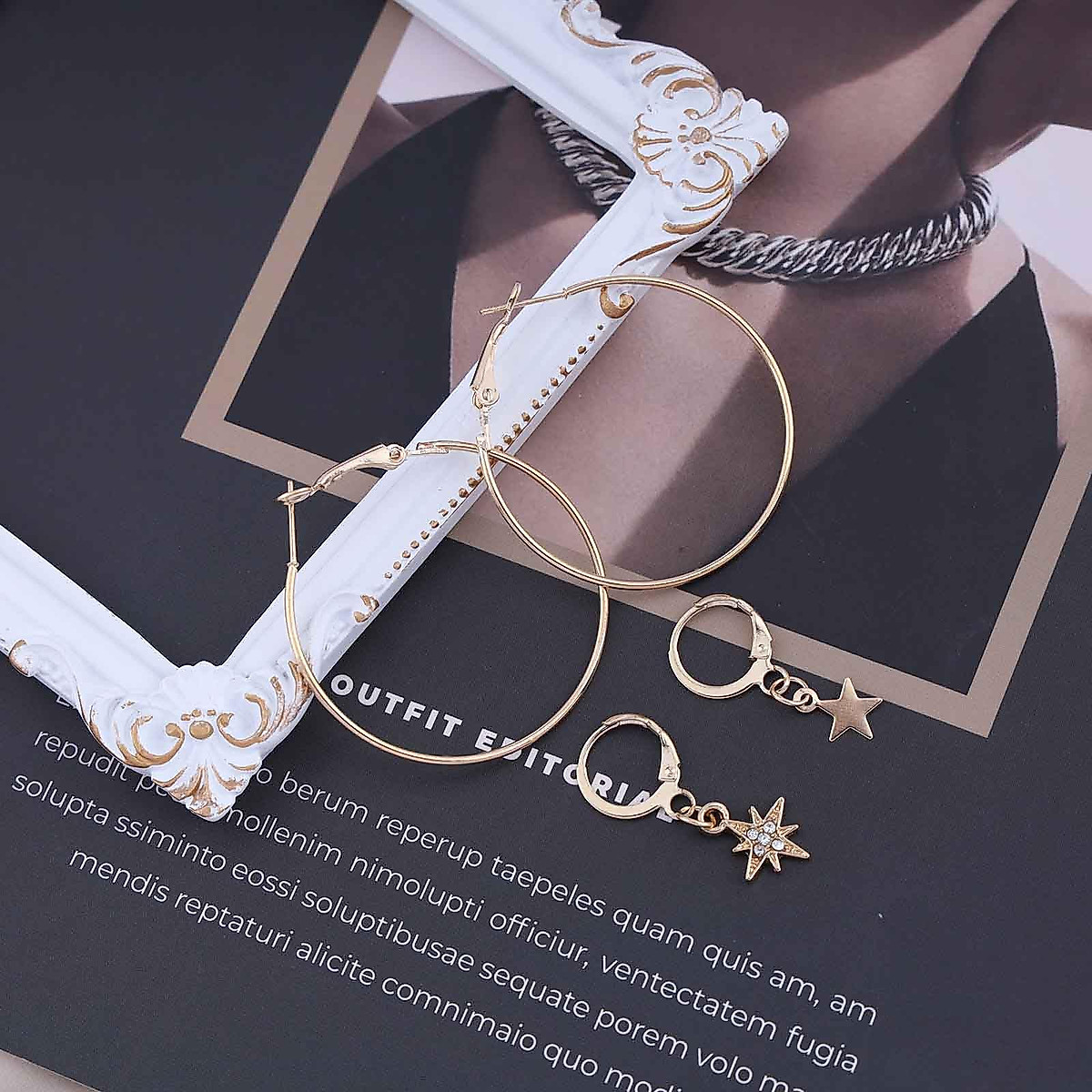 Sttiafay Vintage Exaggerated Circle Dangle Earrings Crystal Star Hoop Earrings Gold Hollow Large Hoop Earrings Circle Star Drop Earrings Jewelry for Women and Girls