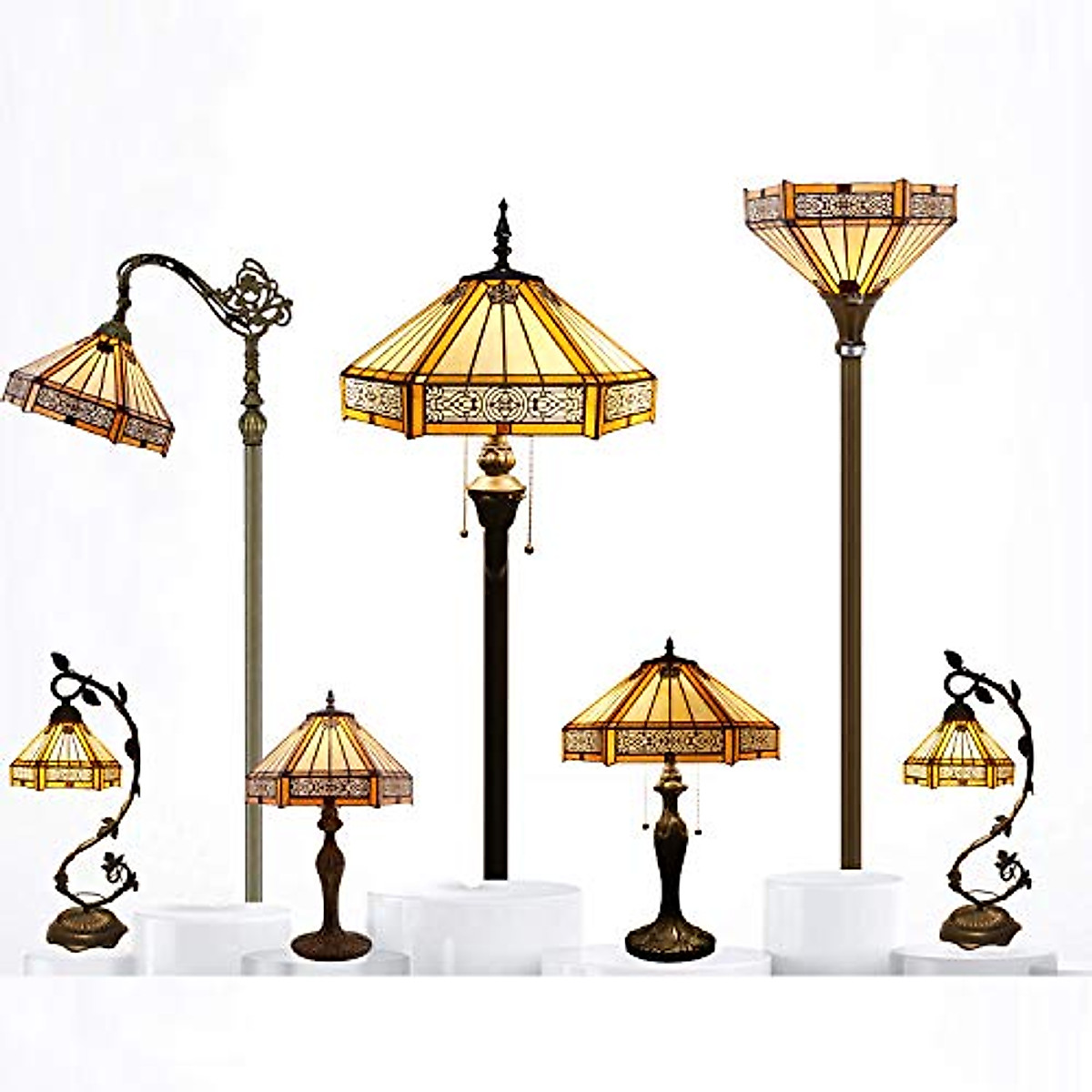 WERFACTORY Tiffany Lamp Shade Replacement 12X10X6 Inch Yellow Hexagon Stained Glass Mission Lampshade Only 1-5/8-Inch Fitter Opening for Arched Floor Lamp-Torchiere Lamp-Pendant Light S011 Series