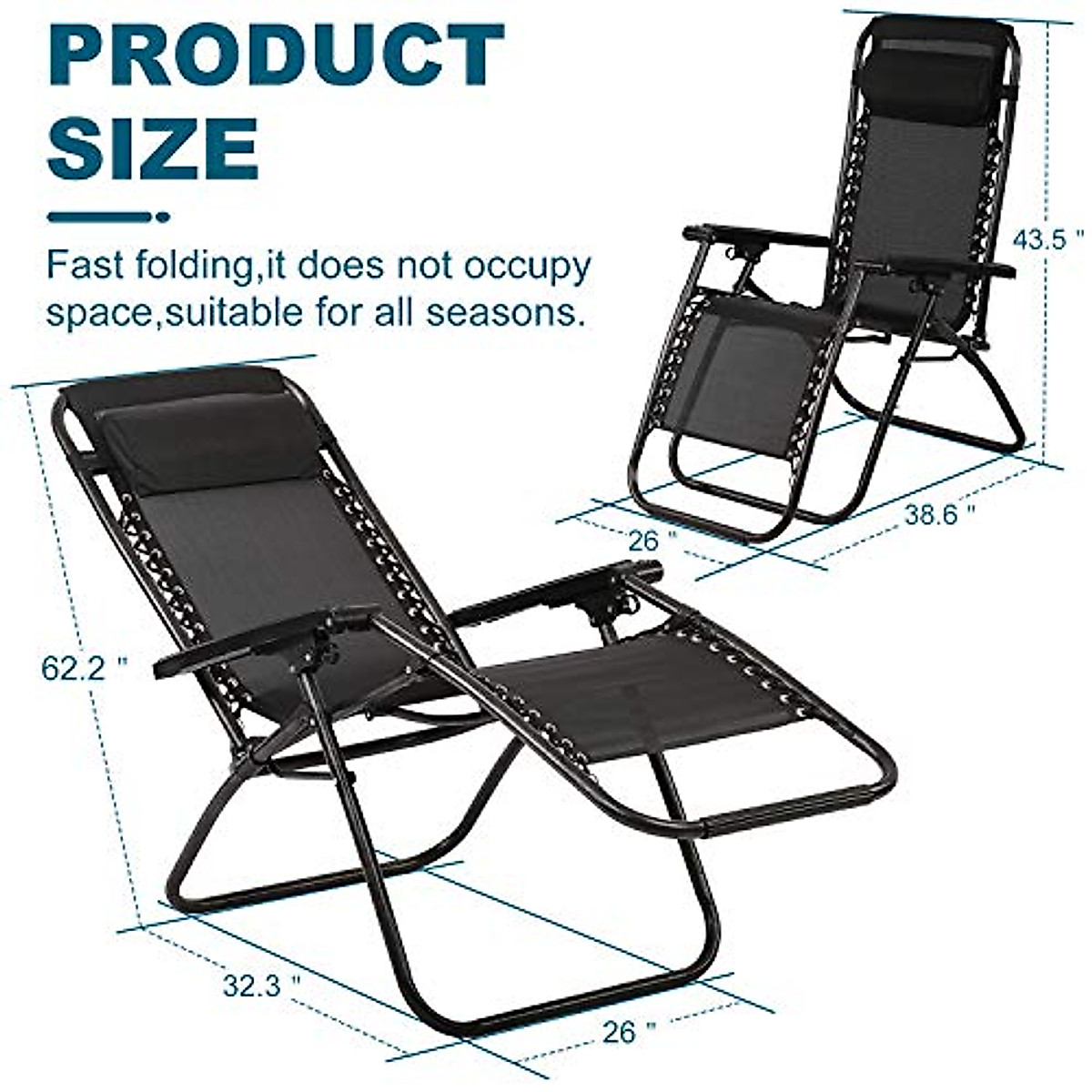 HCY Zero Gravity Chairs Outdoor Adjustable Recliner Chair Folding Lounge Patio Chairs Heavy Duty Zero Gravity Chair with Pillows Set of 2 for Beach, Yard, Lawn, Camp（Black）