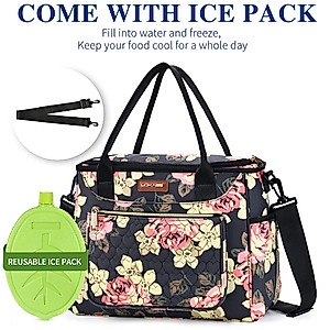 LOKASS Lunch Box - Lunch Bag Women Insulated Lunch Box for Women Teacher Nurse Tote Bag for Work Picnic or Travel Removable Shoulder Strap Side Pocket - Peony