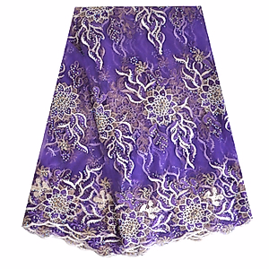 SanVera17 African Lace Net Fabrics Nigerian Embroidered Sparkling Stone French Fabric for Party Dress (Purple) 5 Yards 269-6