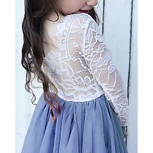 2Bunnies Girl Rose Lace Back A-Line Straight Tutu Tulle Party Flower Girl Dresses (Dusty Blue Sleeve Knee, 12Months)