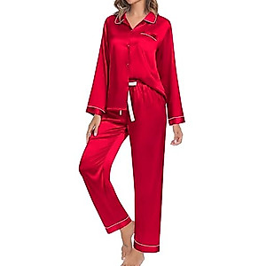 SWOMOG Couple Silk Satin Pajamas Set 2Pcs Matching Famliy Sleepwear Button Down Loungewear Men & Women Pjs with Pants Red