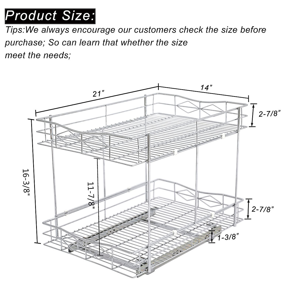 TQVAI 2 Tier Pull Out Cabinet Organizer, Sliding Out Under Sink Cookware Organizer, Wire Shelf Storage Basket for Kitchen Bathroom - 14" W x 21" D x 16-3/8"H, Request at Least 15 Inch Cabinet Opening