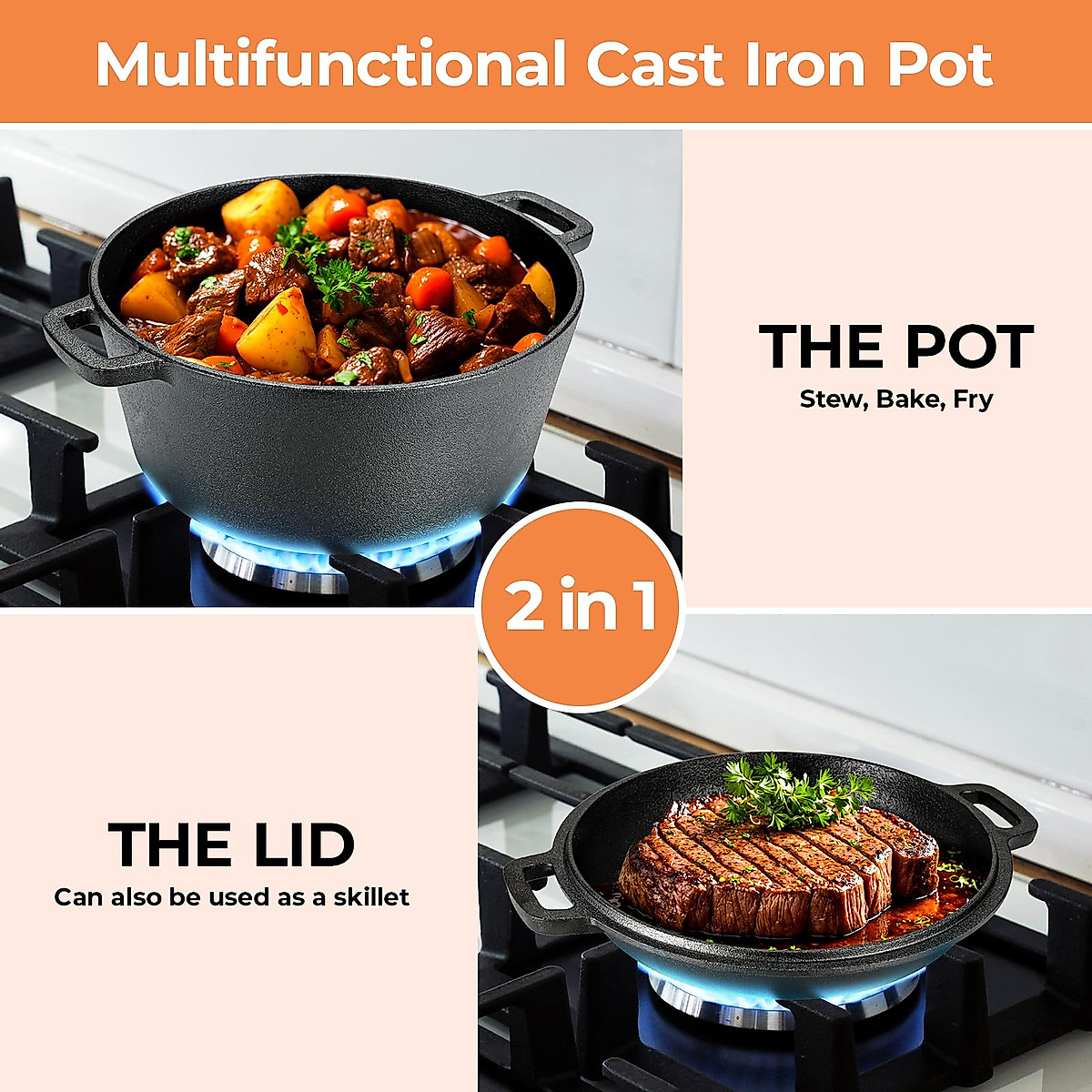 LIFERUN Dutch Oven Pot with Lid, 5.1 Quart Pot without Lid + 1.9 Quart Lid - Cast Iron Dutch Oven with Lid - Lid Doubles as Cast Iron Skillet - Silicone Handle Holders, Iron Stand - Use in the Oven, Stove, BBQ, Grill, Campfire