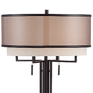 Franklin Iron Works Alamo Industrial Rustic Farmhouse Standing Floor Lamp 62" Tall Bronze Sheer Brown Organza Linen Fabric Double Drum Shades for Living Room Reading Bedroom Office House Home Decor