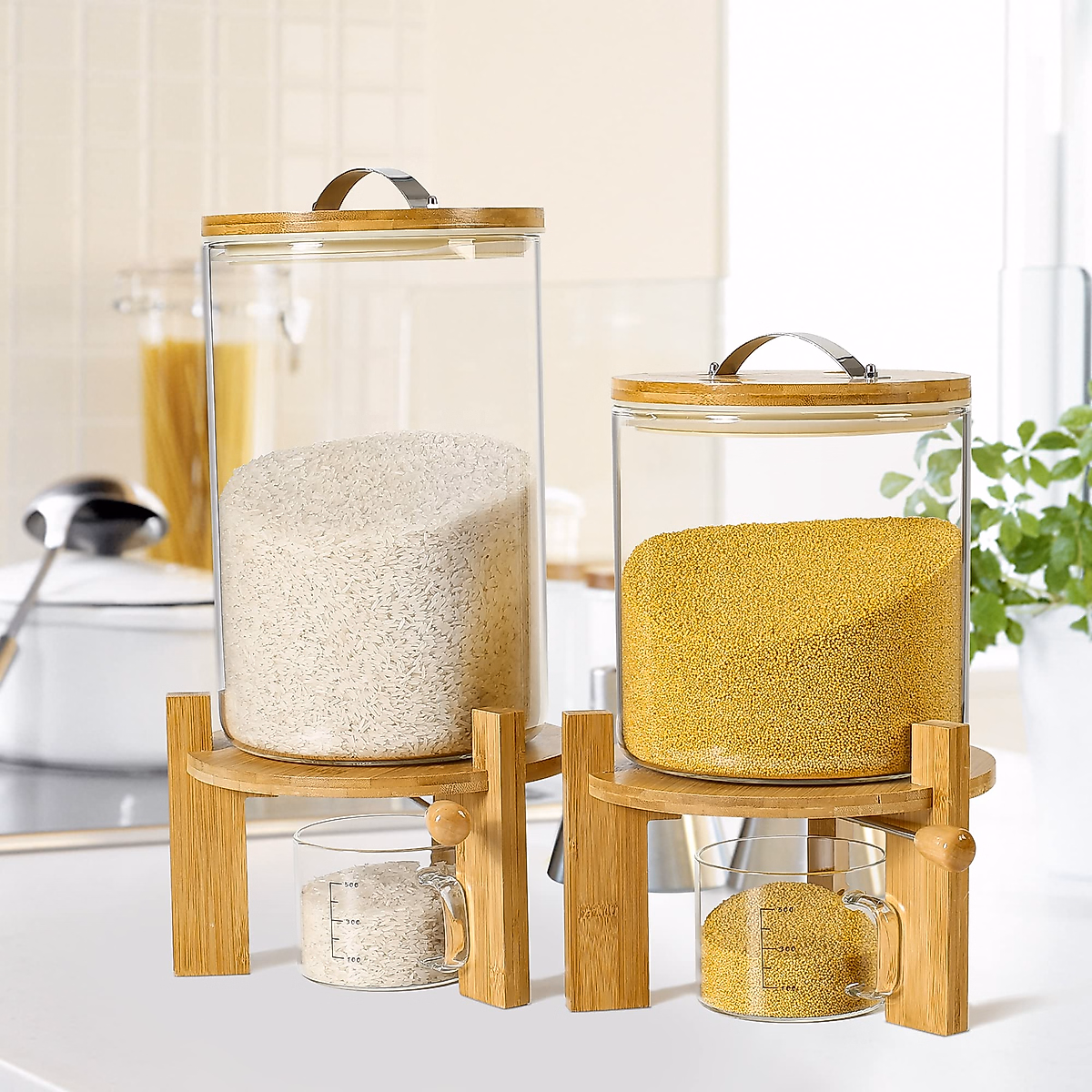Vuinop Rice Dispenser, Rice Storage Container：Flour and Cereal Container with Airtight Lid and Wooden Stand, Glass Food Storge Container for Kitchen Organization and Pantry Store (8L)