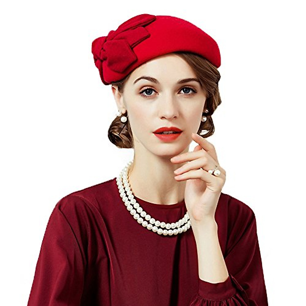 F FADVES Women's Pillbox Calot Hat Formal Vintage Wedding Tea Party Fascinators with Bow Red