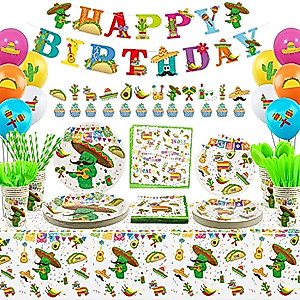 226 PCS Mexican Themed Fiesta Party Supplies - Paper Plates, Cups, Napkins, Straws Forks Knives Spoons, Balloon, Tablecloth, HAPPY BIRTHDAY Banner for Cinco de Mayo Disposable Tableware Set, Serves 24