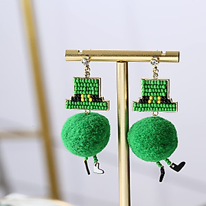 LILIE&WHITE St. Patrick's Earrings For Women Green Dancing Leprechaun Dangle Earrings Gift for Girls Jewelry Gift Irish Shamrock Drop Earrings Bead and Pom Pom Irish St. Patrick's day Jewelry