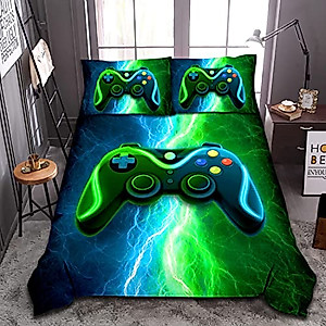 Meeting Story Gamer Gaming Bedding Sets Red Blue Lightnings Gamepad Comforter Set for Boys Games Console Action Buttons Novelty Colorful Modern Room Decor Home Quilt Set (Blue-Green, Twin)