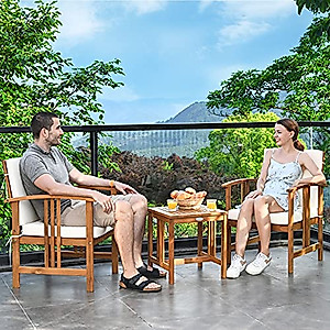 Tangkula 3 Pieces Patio Furniture Set, Includes Set of 2 Outdoor Acacia Wood Cushioned Chairs and Coffee Table, for Garden, Backyard, Poolside, Bistro and Deck, Patio Conversation Chat Set (White)