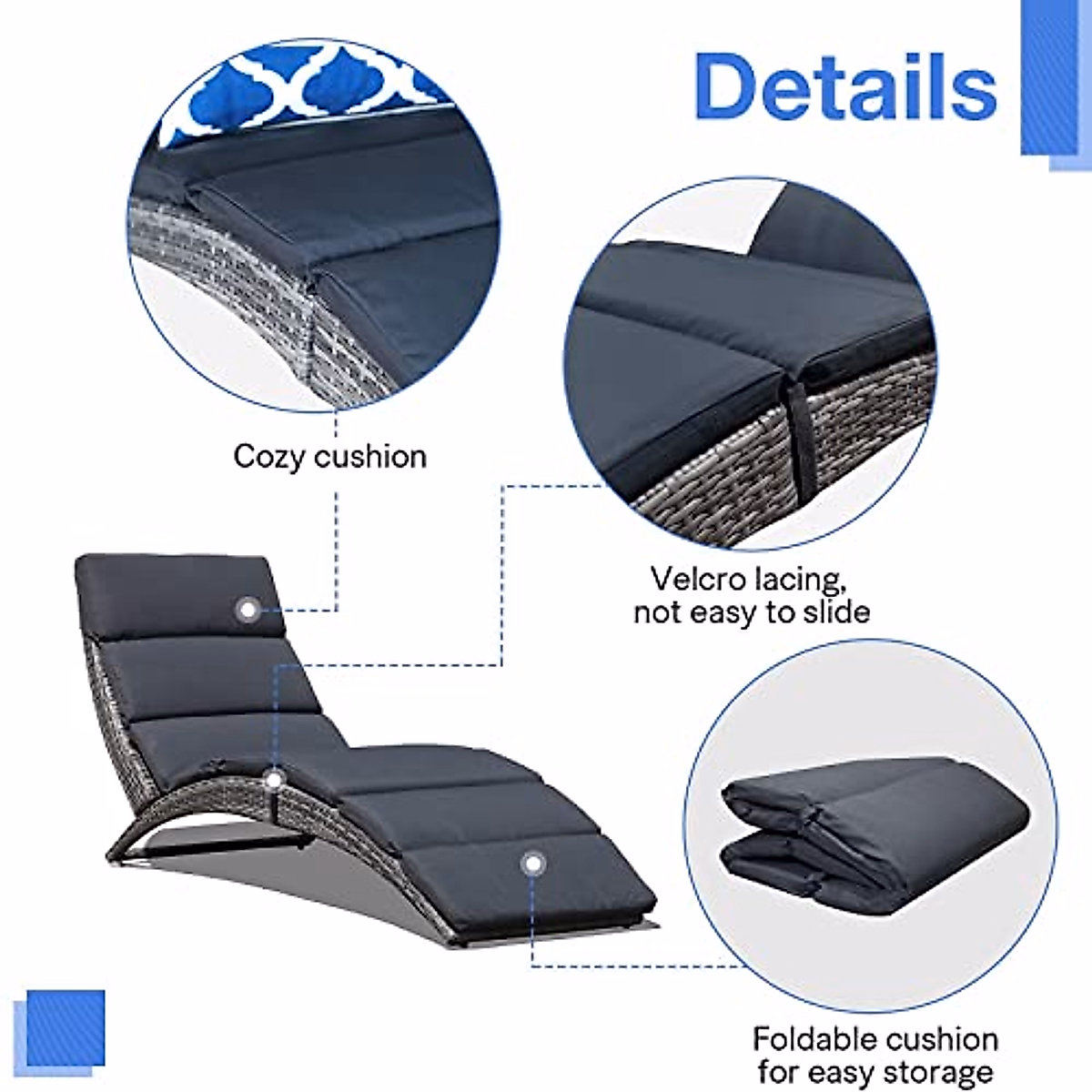 JOIVI Patio Chaise Lounge, Outdoor Lounge Chair, PE Rattan Foldable Chaise Lounger with Removable Dark Gray Cushion, Suitable for Poolside, Garden, Balcony 2 Pack