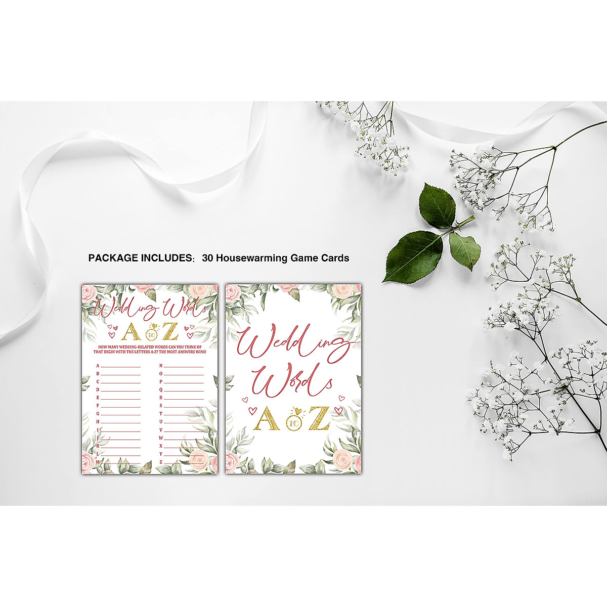 Bridal Shower Games - Wedding Words A to Z Wedding Party Game - Boho Floral Greenery Bachelorette/Engagement Party Supplies Activities - Pack of 30 Game Cards (A07)