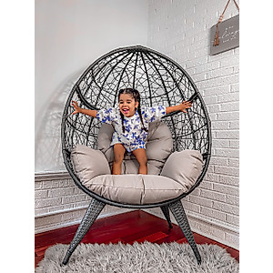 YITAHOME Egg Chair Wicker Outdoor Indoor Oversized Large Lounger with Stand Cushion Leveling Feet Egg Basket Chair 330lbs Capacity for Patio, Garden, Backyard, Balcony-Grey