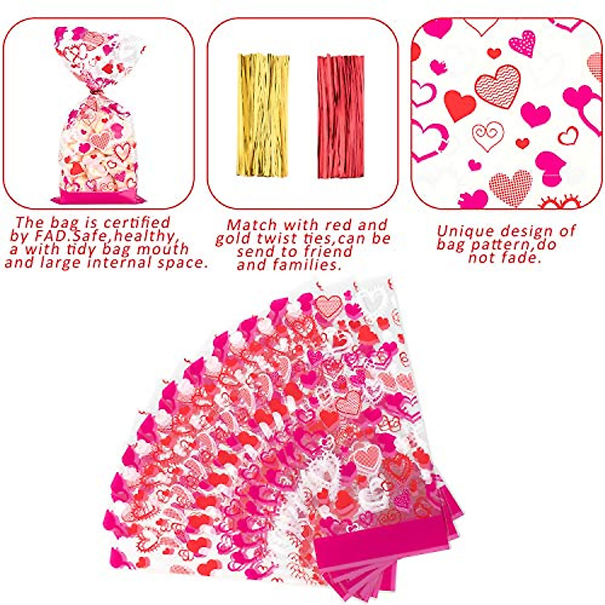 Whaline 150 Pieces Valentine Cellophane Treat Bags Heart Prints 4 Style Clear Cello Candy Bags with 150Pcs Twist Ties Mixed Heart Plastic Goody Gift Bags for Valentines Wedding Party Supplies