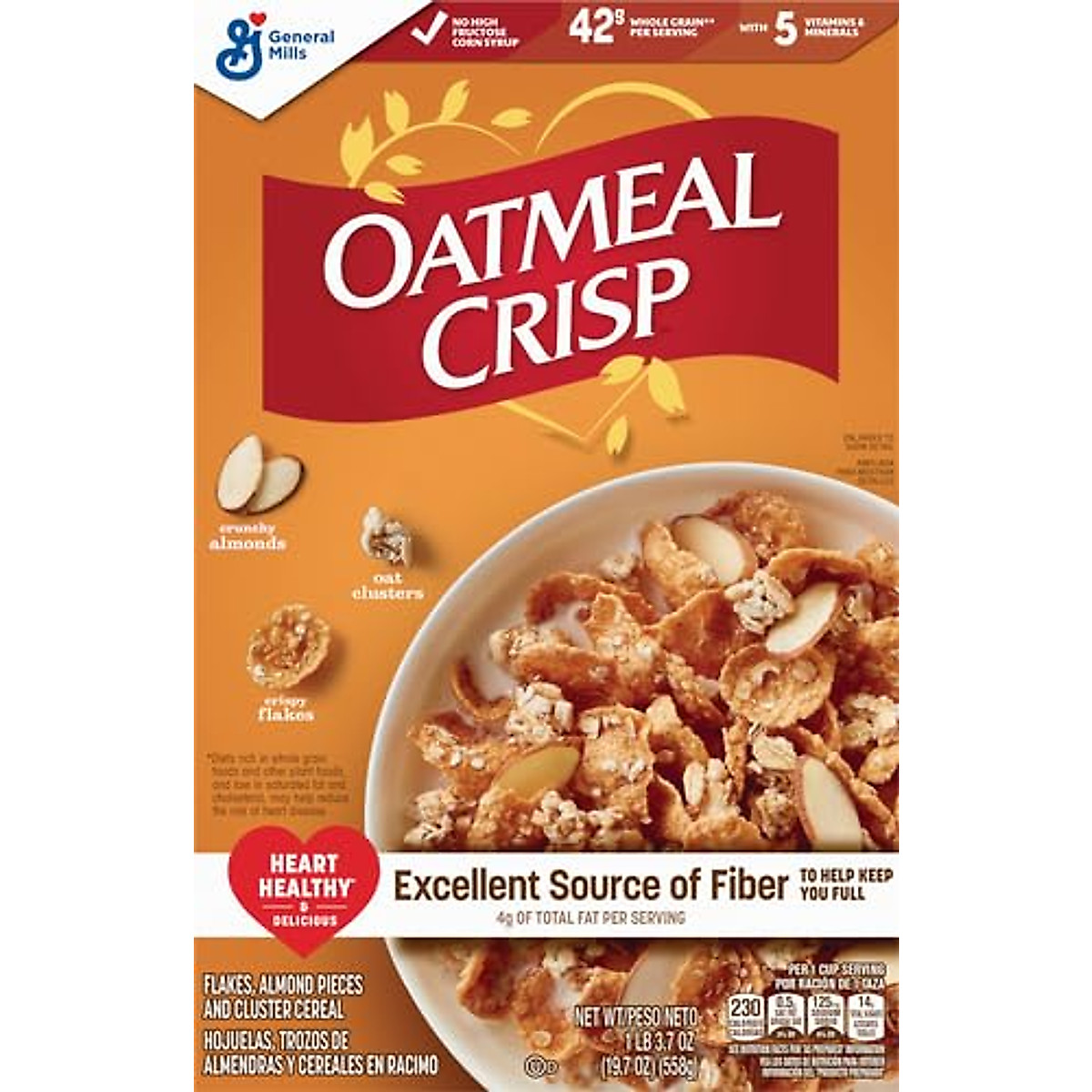 Oatmeal Crisp Heart Healthy Cereal, High Fiber Cereal Made with Whole Grain, 19.7 oz