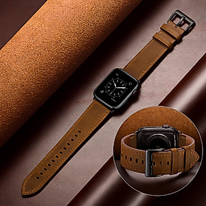OUHENG Compatible with Apple Watch Band 49mm/46mm/45mm/44mm/42mm, Genuine Leather Band Strap Compatible with Apple Watch Ultra 2/1 Series 10/9/8/7/6/5/4/3/2/1/SE, Retro Brown/Black