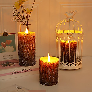Enpornk Flameless Candles Battery Operated Pillar Pine Effect Real Wax Flickering 3D Wick Electric LED Decorative Candle Sets with Remote Control Cycling 24 Hours Timer, 4" 5" 6" Pack of 3