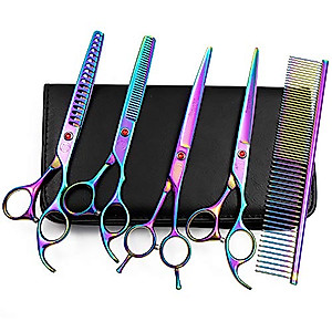 Moontay Professional Dog Grooming Scissors Set, 7 Inch/8 Inch Pet Grooming Scissors Chunkers Shears, Curved Thinning Shears for Dog with Grooming Comb