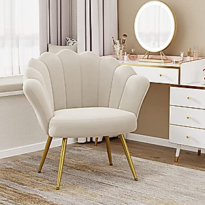 Alunaune Mid Century Velvet Living Room Chair Accent Chairs, Upholstered Vanity Chair for Makeup Room, Modern Barrel Arm Chair Guest Leisure Chair Comfy for Bedroom-Ivory