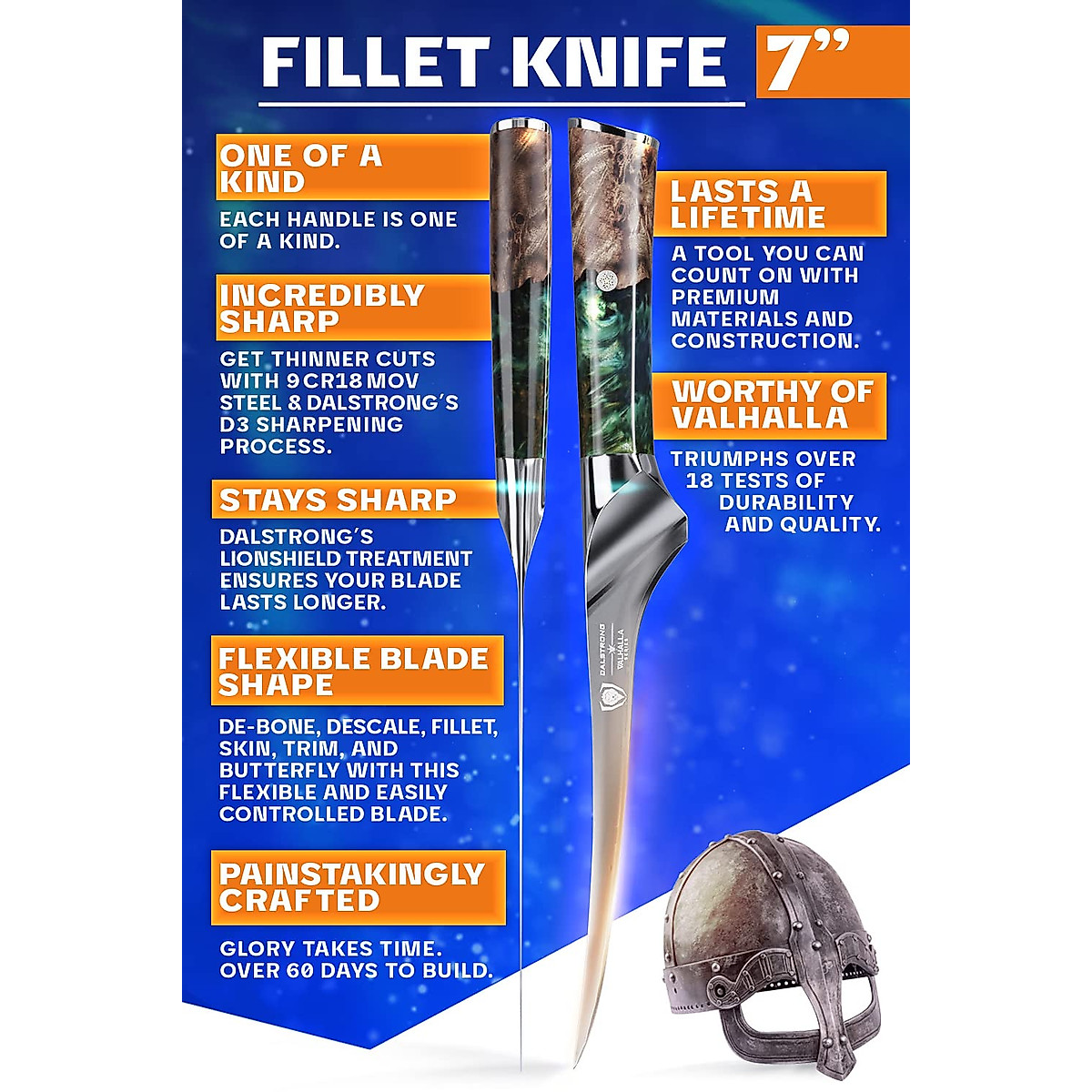 Dalstrong Fillet Knife - 7 inch Flexible Blade - Valhalla Series - Celestial Resin & Wood Handle - Fish Meat Cutting, Carving, Bone, Trimming, Deboning - Leather Sheath Included