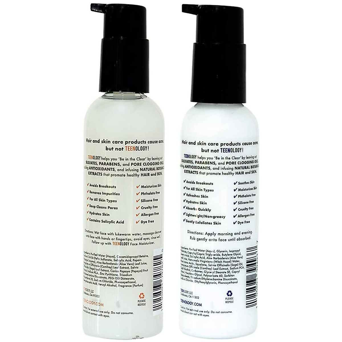 Teenology Face Cleanser and Moisturizer Bundle (Save 20%) - Avoid Breakouts Caused by Harmful Oils and Chemicals - 2 Bottles, 6 Ounce Each