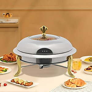 Chafing Dish Buffet Set,Stainless Steel Chafing Dish Set,Round Buffet Servers and Warmers Set with Lid Holder for Wedding Party (Gold-11.02in)