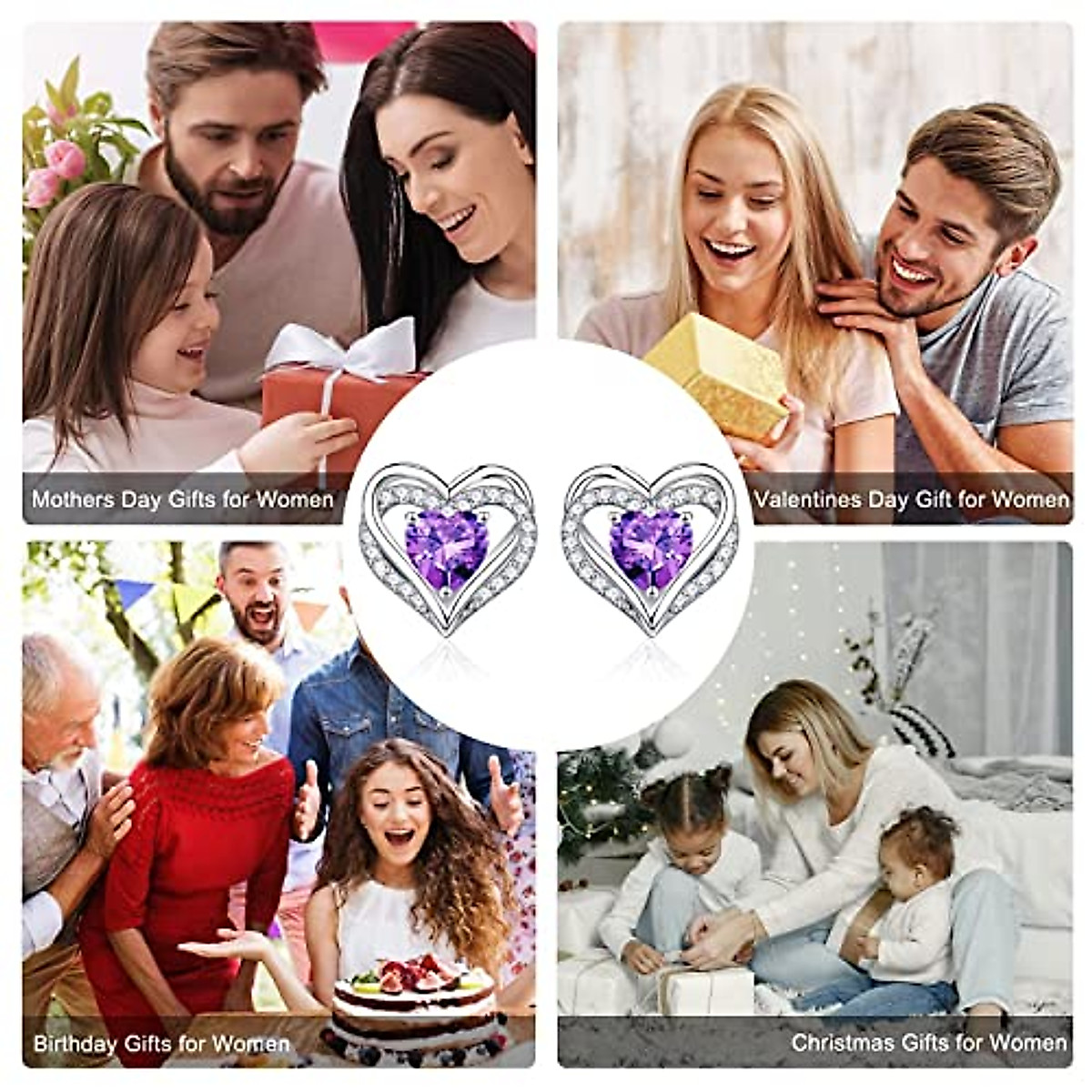 Iefil Earrings for Women, 925 Sterling Silver February Birthstone Purple Amethyst Heart Stud Earrings for Women Wife Mothers Day Anniversary Valentines Day Birthday Gifts for Women Jewelry