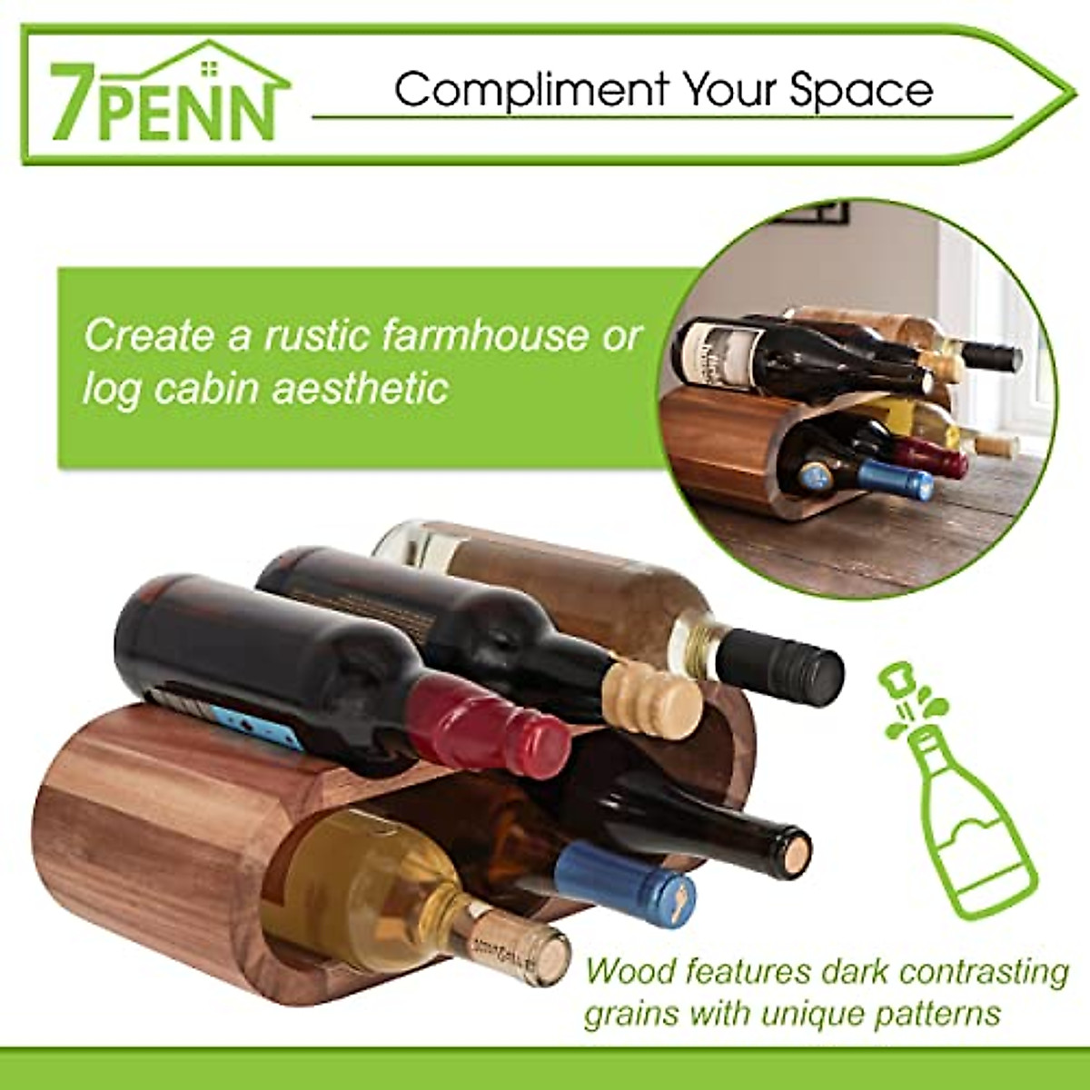 7Penn Wooden Countertop Wine Rack - 6 Bottle Horizontal Acacia Wood Wine Storage Rack Wine Holder Stands for Counter