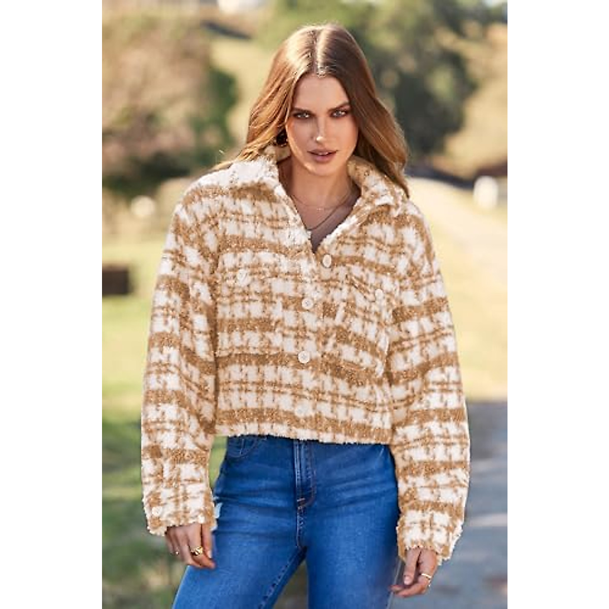 PRETTYGARDEN Women's Fall Plaid Shacket Jacket Faux Fur Lapel Open Front Cropped Winter Coats Outerwear (Light Khaki,Small)