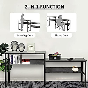HOMCOM 86.5 Inch Two Person Desk Double Computer Table Writing Desk with Open Shelves Long Storage Workstation for Home Office Black and Grey