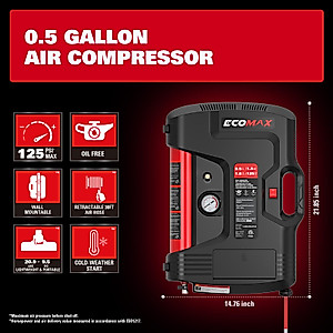 ECOMAX Portable Air Compressor, Wall-Mount Compressor with 30 Feet Air Hose, Mini Tank 125 PSI MAX Pressure & 1.5 HP, Oil-free Long Life Cycle for Shop, Garage and Home