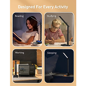 sympa LED Desk Lamp, Desk Lamp with Wireless Charger, Dimmable Desk Light with 25 Light Modes, Study Lamp with Night Light, 60 Min Timer, 5S Delay, for Home Office
