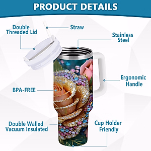 FLildon 40oz Tumbler with Handle and Straw Lid, Diamond Glitter Rose Valentines Day Insulated Coffee Mug Stainless Steel Water Bottle Leakproof Vacuum Travel Coffee Cup