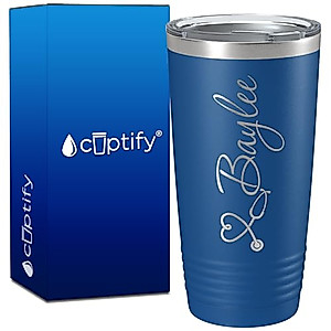 Personalized Heart Stethoscope Tumbler Gift for Nurse, RN, LPN, CNA, CMA, MA Laser Engraved on Blue 20 oz Stainless Steel Tumbler with Lid - Insulated Cup - Custom Travel Mug