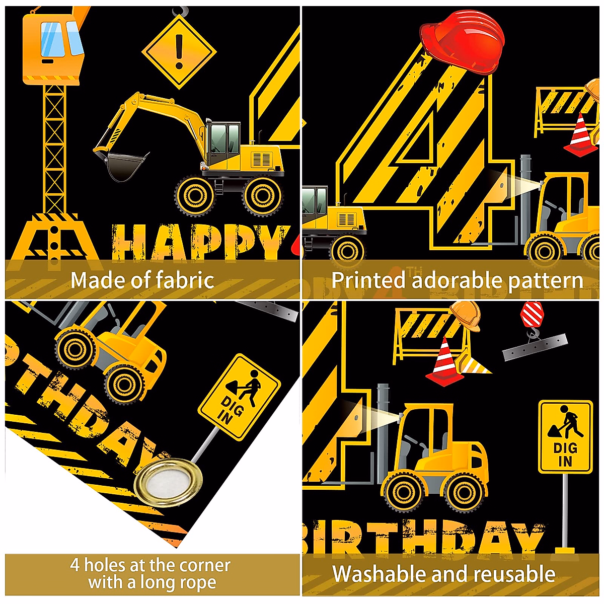 Construction 4th Birthday Banner Decorations for Boys Kids, Dump Truck Construction Theme Four Birthday Backdrop Party Supplies, Excavator Crane Digger Four Year Old Poster Sign