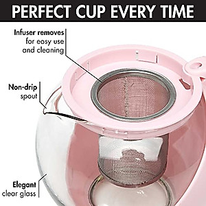 Primula Half Moon Teapot with Removable Infuser, Glass Tea Maker, Reusable, Fine Mesh Stainless Steel Filter, Dishwasher Safe, 40-Ounce, Pink