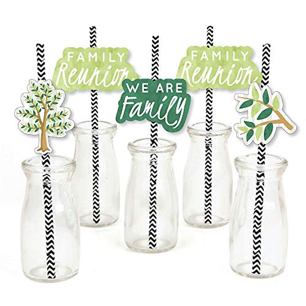 Family Tree Reunion - Paper Straw Decor - Family Gathering Party Striped Decorative Straws - Set of 24