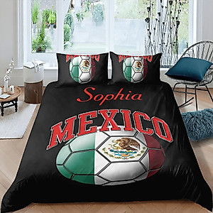 CUXWEOT Mexico Mexican Flag Soccer Ball Custom 3 Piece Bedding Sets King Size Personalized Duvet Cover Set Quilt Cover Besclothes with Name