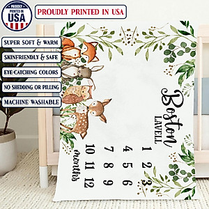 Woodland Monthly Blanket Monthly Growth Tracker Fleece Fox Blanket, Newborn Woodland Gift Blanket Watch Me Grow Baby Boy Nursery Blanket, Super Soft Plush Woodland Fleece Blanket for Baby 30x40