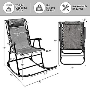 Goplus Folding Rocking Chair, Zero Gravity Rocking Camping Chair with Pillow & Armrests, Folding Lounge Rocker for Outdoor Beach Poolside Yard Garden Indoor