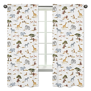 Sweet Jojo Designs Jungle Animals Window Treatment Panels Curtains Set of 2 Dark Hunter Green Yellow Grey Rust Orange Black White Wildlife Safari Animal Elephant Giraffe Lion Monkey Leopard Cheetah